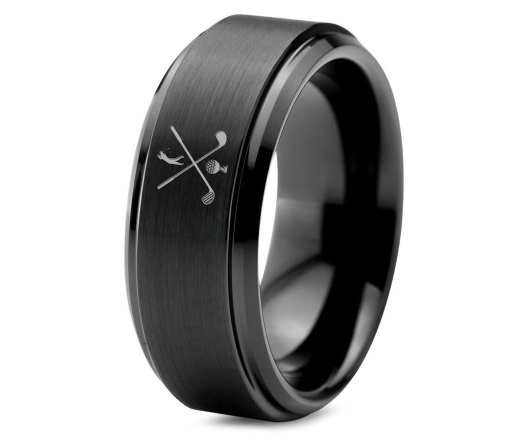 Golf Ball Tee Club Ring, Mens Wedding Band Black, Awesome Tungsten Ring ...