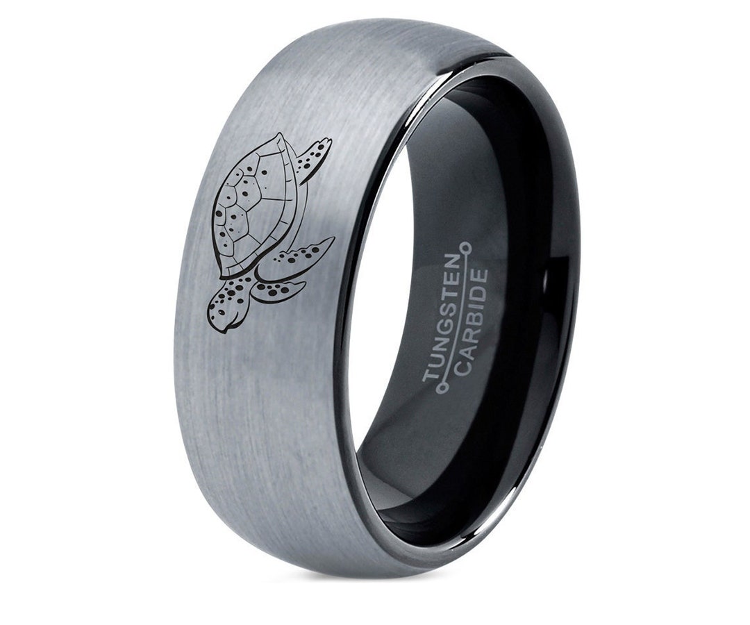 Turtle Flying Ring, Mens Silver Grey Ring, Personalized Domed Tungsten ...