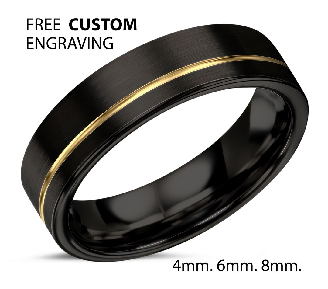 Black Engagement Ring, Flat Cut Wedding Ring Sets His and Hers, Offset ...