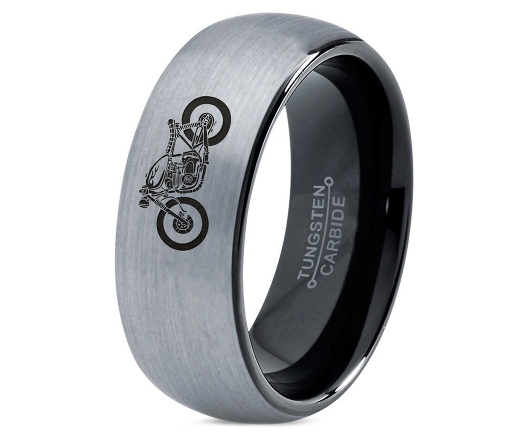 Engraved Racer Motorcycle Wedding Band Women, Black Gray Brushed Ring ...