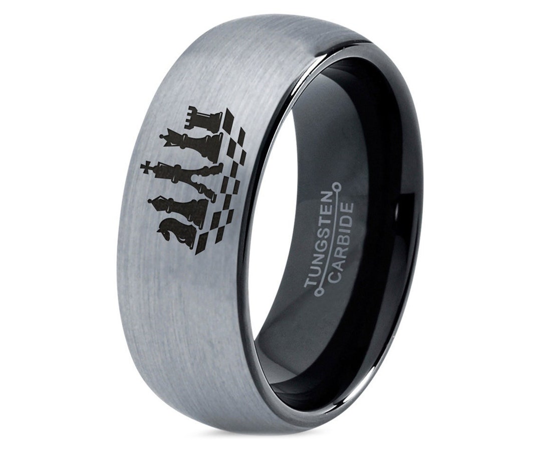 Chess Pieces Ring | Gift for Dad | Tungsten Wedding Band Black | Gray ...