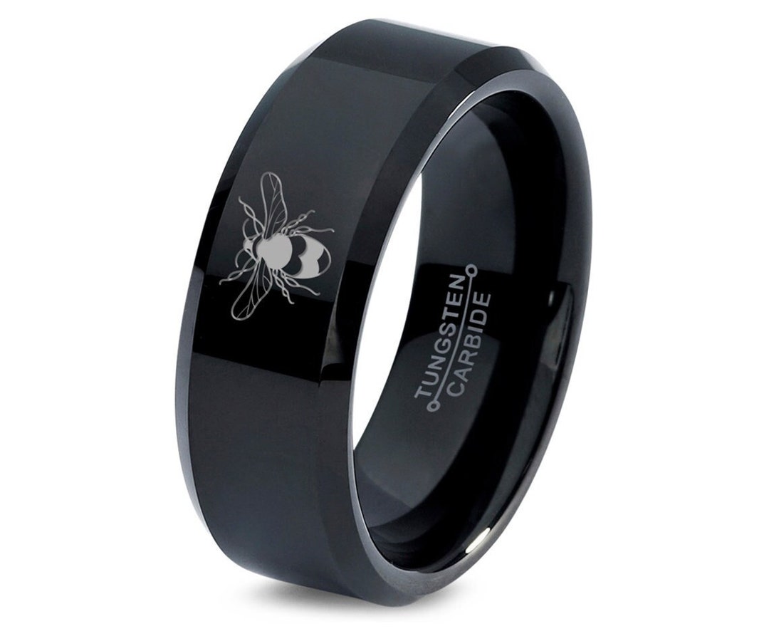 Worker Bee Ring - Mens Wedding Band Black - Bevel Tungsten Ring ...