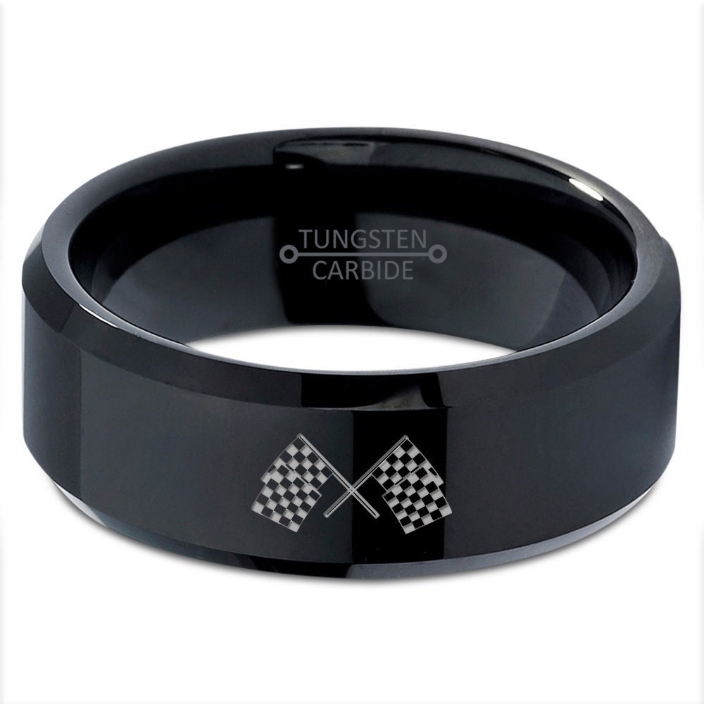 Racing Checkered Flag Ring - Women Wedding Bands Black - Domed Polished ...