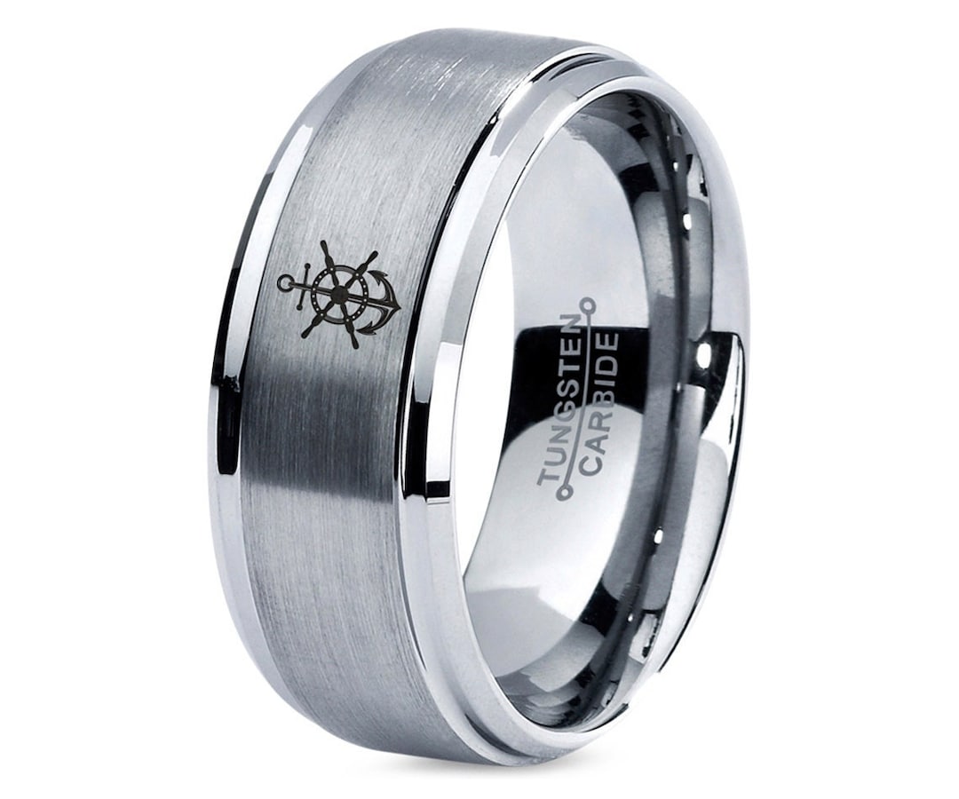 Anchor Steering Wheel Ring, Mens Wedding Band Silver, Brushed Tungsten ...