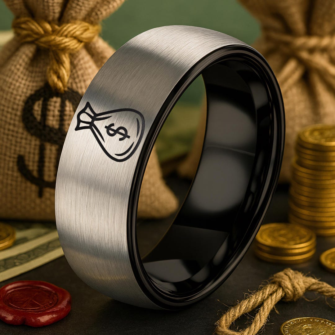 Money Bag Ring, Gift for Financial Guru, Silver Black Tungsten Carbide ...