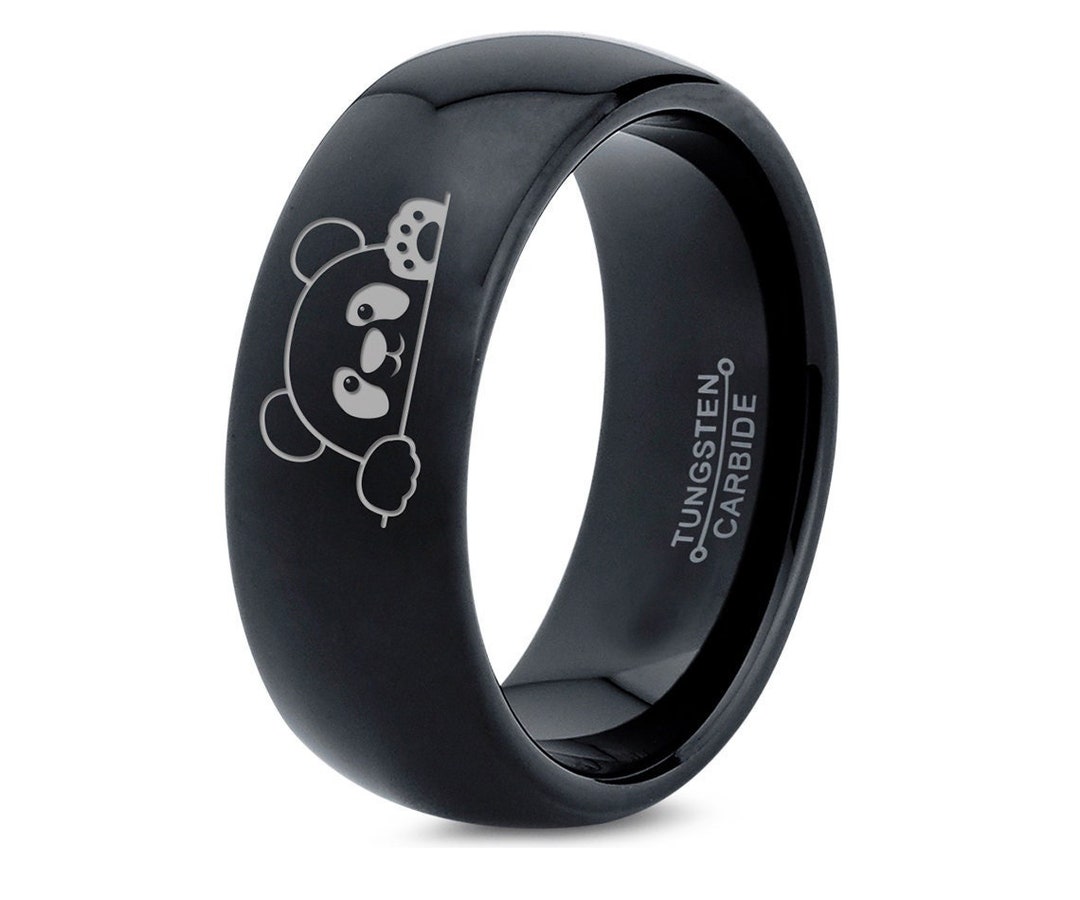 Panda Bear Ring, Domed Black Tungsten Band, Cute Animal Ring, His and ...