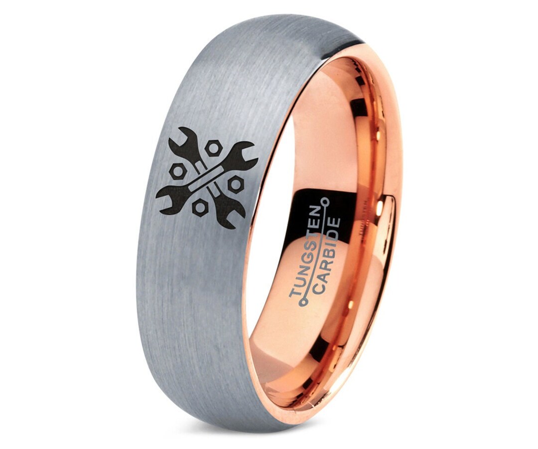 Open End Wrench Ring Mechanic Wedding Bands Rose Gold Engraved Tungsten ...