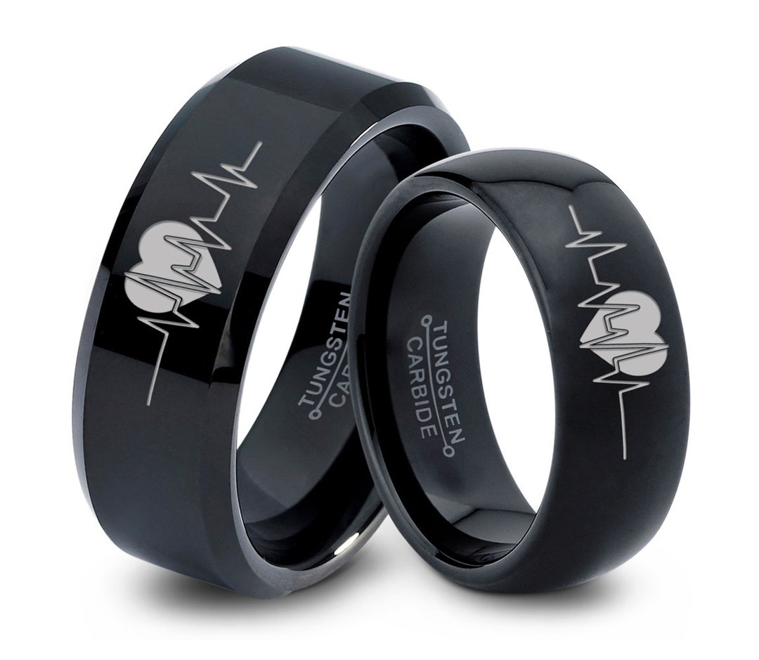 Custom Heart Name Rings, Man Black Ring, Personalized Couple Ring Set ...