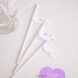 Candy Hearts Pattern Straw Topper Flags | Valentine Heart Party ...