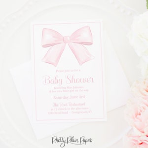 Pink Bow Baby Shower Invitation Watercolor Pink Bow Theme Baby Shower ...