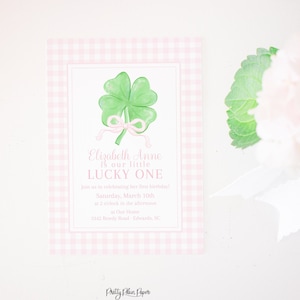 Pink Gingham & Watercolor Four Leaf Clover Birthday Invitation | Lucky ...