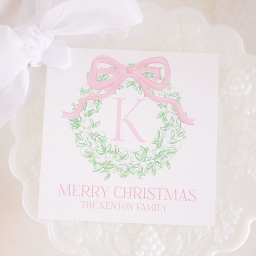Pink Bow Monogram Wreath Watercolor Christmas Gift Tag or - Etsy