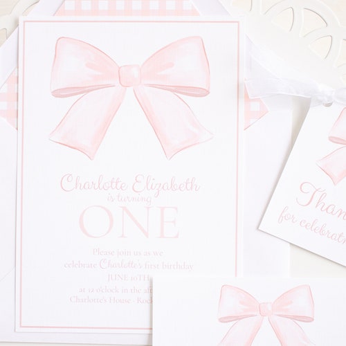 Watercolor Pink Bow First Birthday Invitation 1017 | Etsy