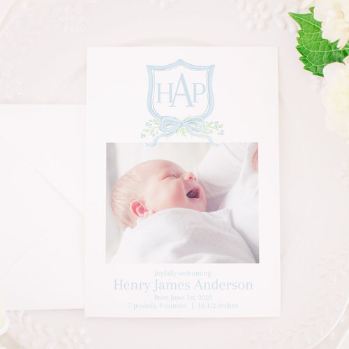 PRINTABLE Birth Announcement Monogrammed Crest Blue - Etsy