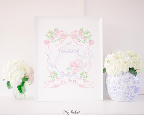 Watercolor Floral Tea Pot Print 8x10 or 16x20 Pink White - Etsy