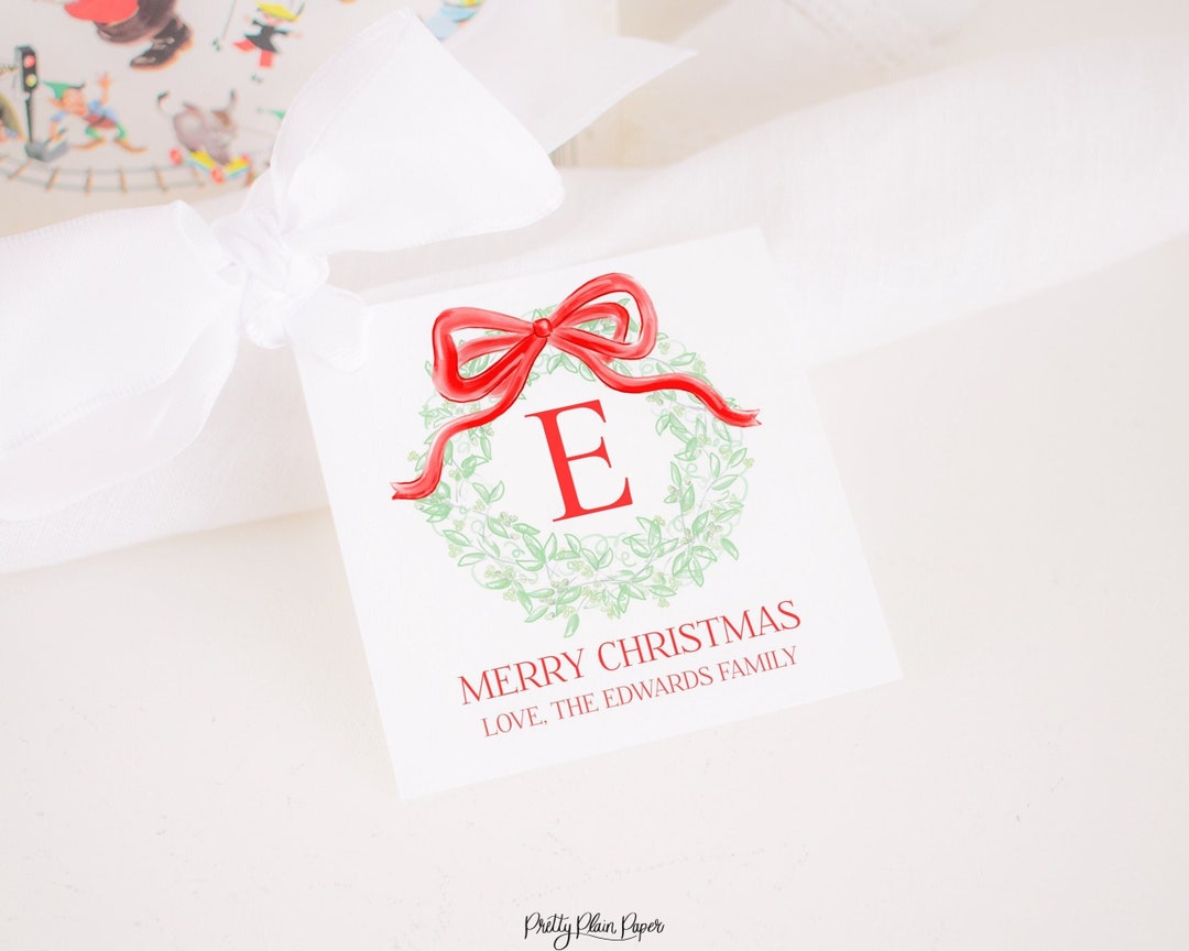 Red Bow Monogram Wreath Watercolor Christmas Gift Tag or Holiday Treat ...