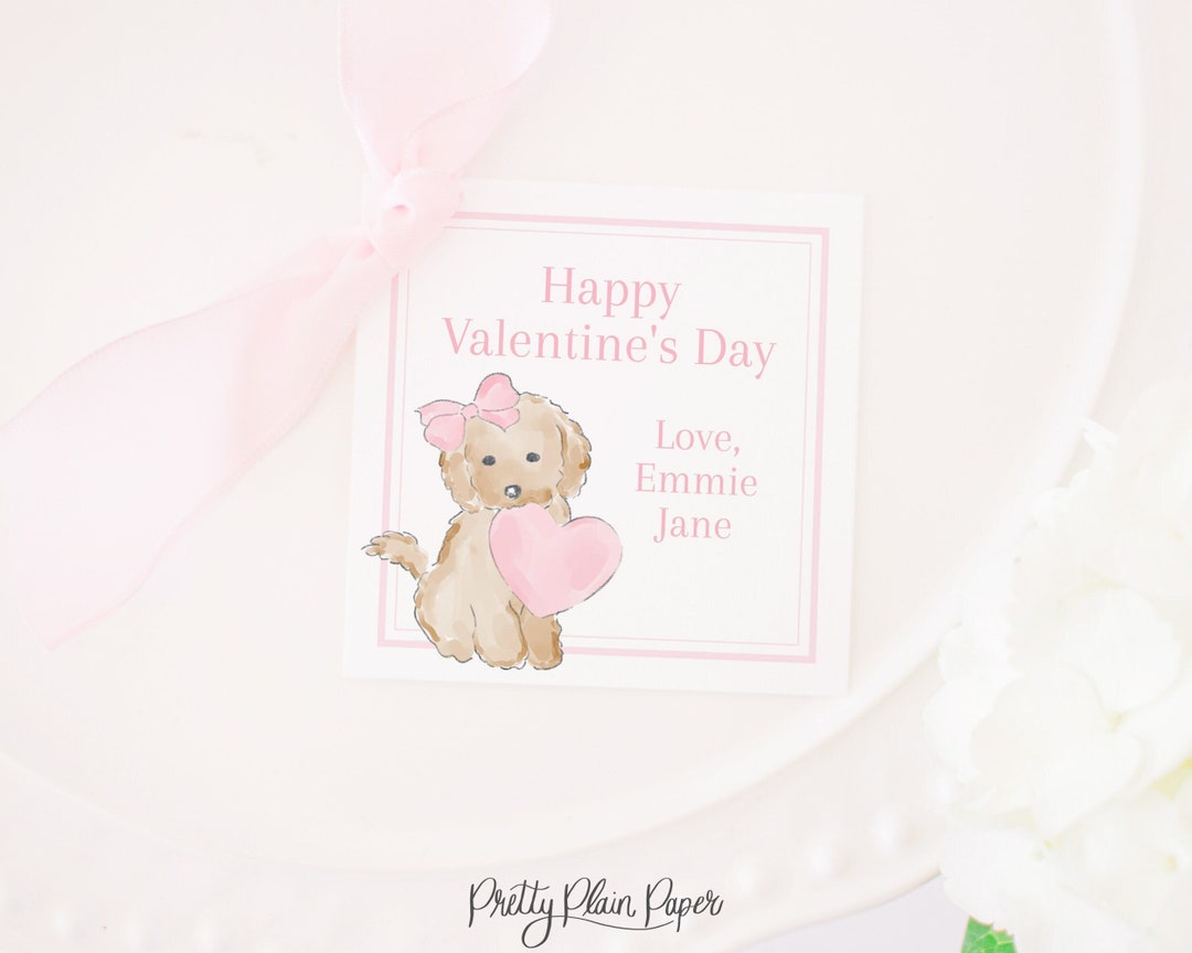 Watercolor Little Puppy With Bow Valentine Tag | 3.5x3.5 Printable ...