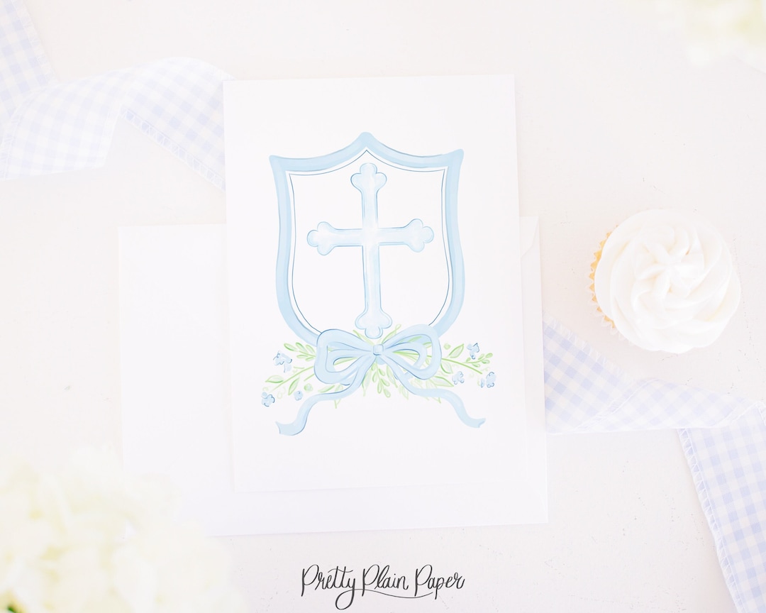 Watercolor Cross Print | 5x7 | Printable | Blue Crest Cross With Bow ...