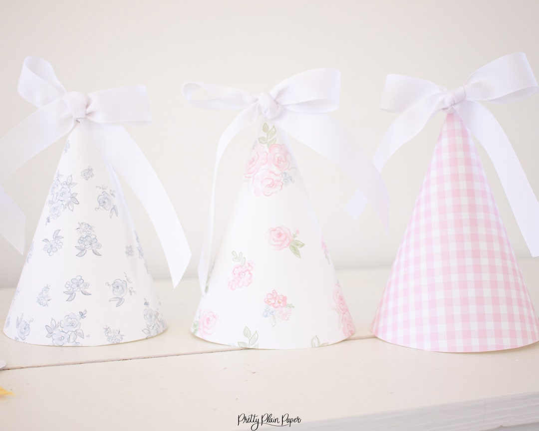 Pink Gingham Party Hat Printable | Pink Floral Party Hat Printable ...