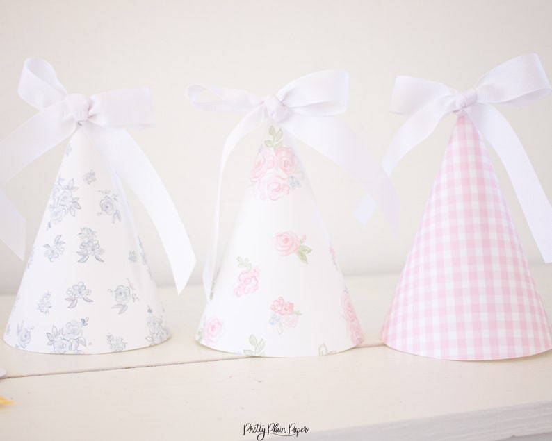 Pink Gingham Party Hat Printable | Pink Floral Party Hat Printable ...