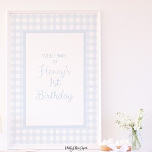 Watercolor Soft Blue Gingham Birthday Welcome Sign 24''x36'' | Blue ...