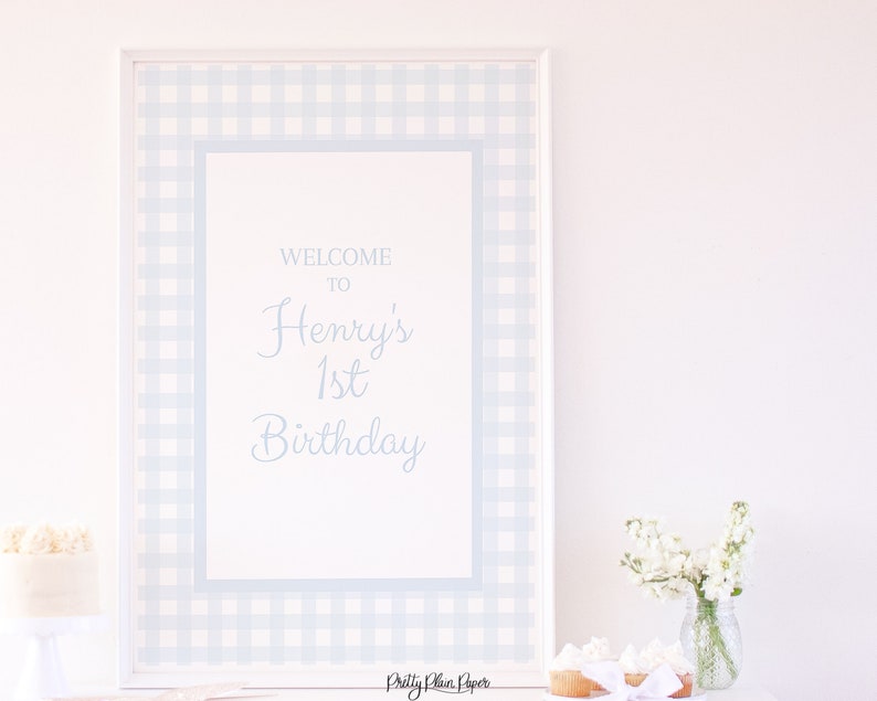 Watercolor Soft Blue Gingham Birthday Welcome Sign - Etsy