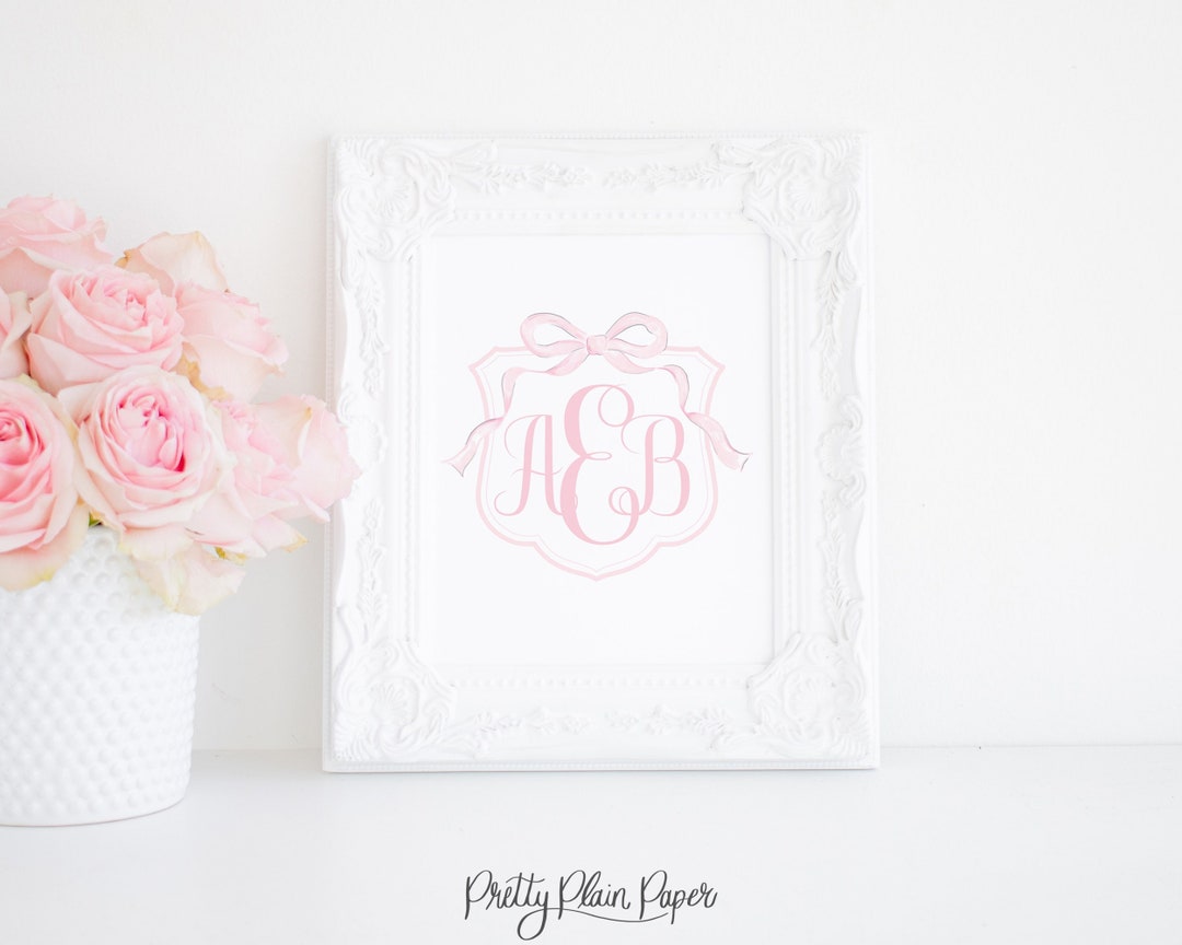 Simple Watercolor Monogram Crest Artwork | 8x10 | Pink Floral & Bow ...