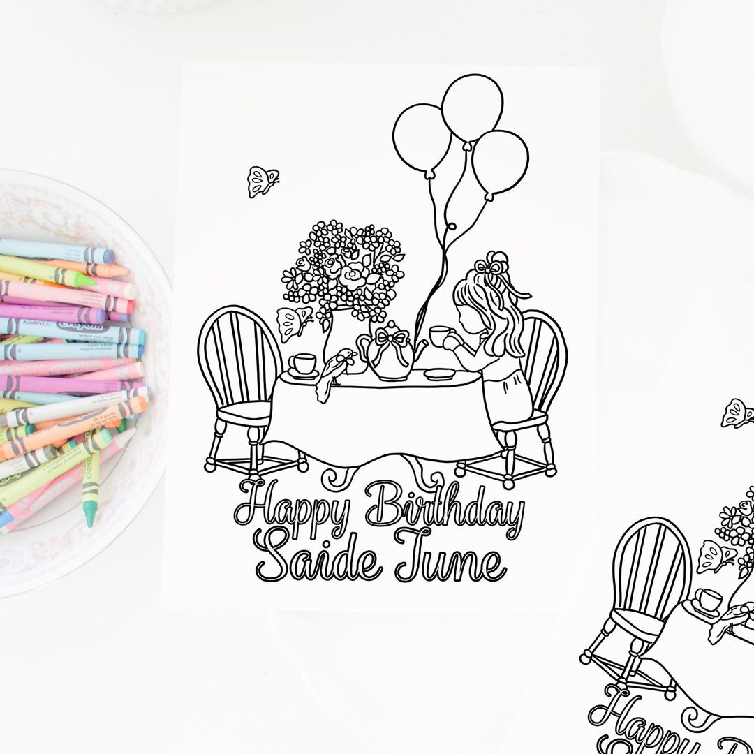 Coloring Page | Tea Party | 8.5x11 Printable | Personalized Party Color ...