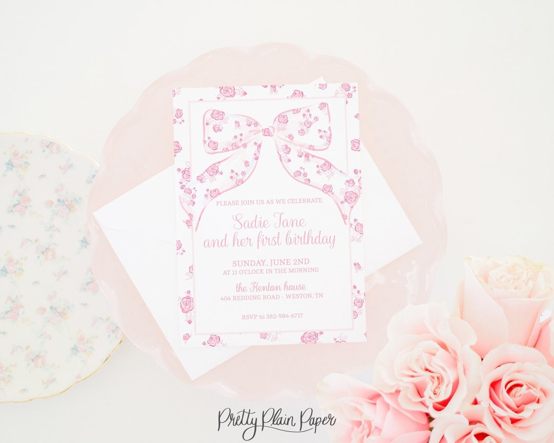 Watercolor Pink Bow Invitation With Pink Floral Print Border | 5x7 ...
