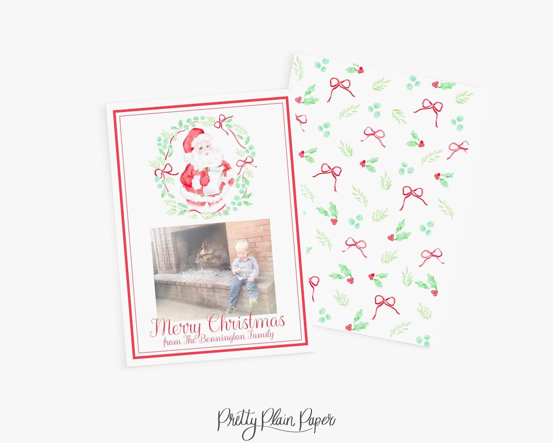 Vertical Holiday Card | 5x7 Printable | Watercolor Red Santa | Wreath ...