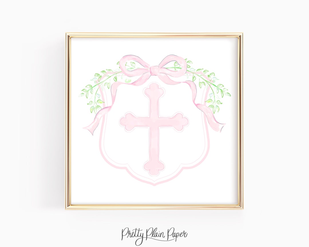 Watercolor Cross Print | 5x5 | Printable | Floral Cross With Bow Crest ...