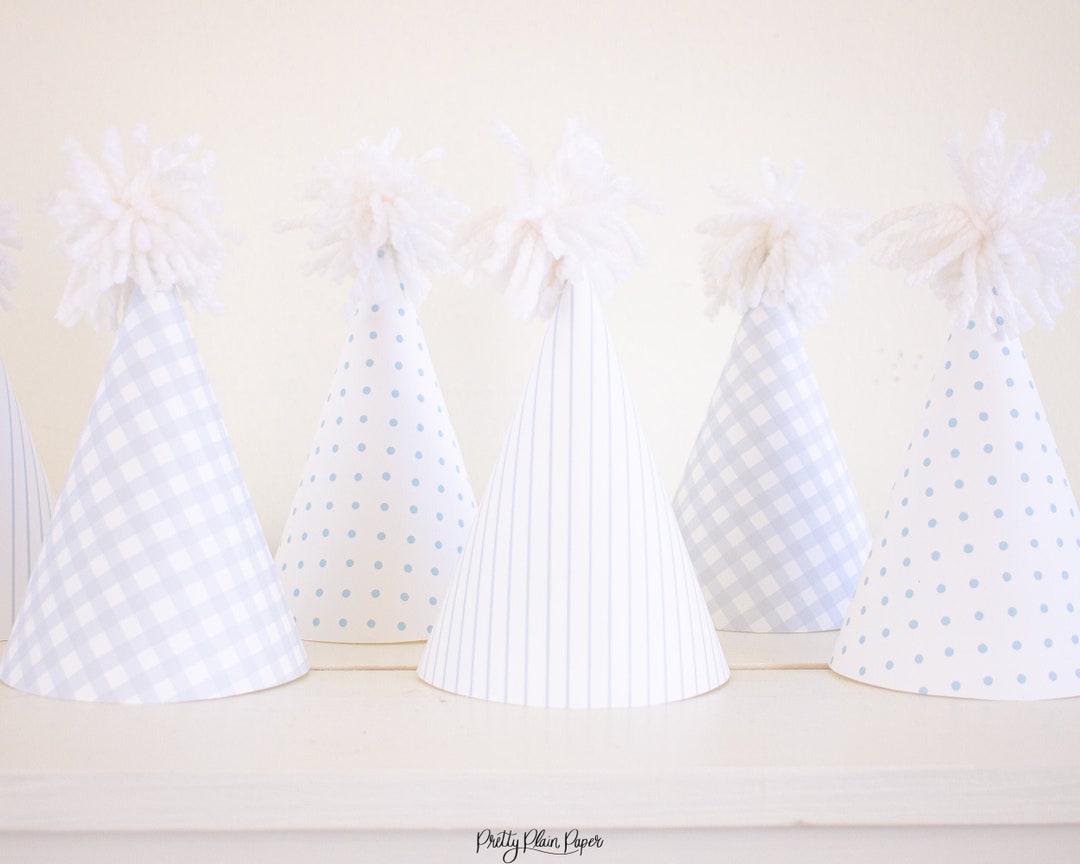 Blue Gingham Party Hat Printable | Blue Stripe Party Hat Printable ...