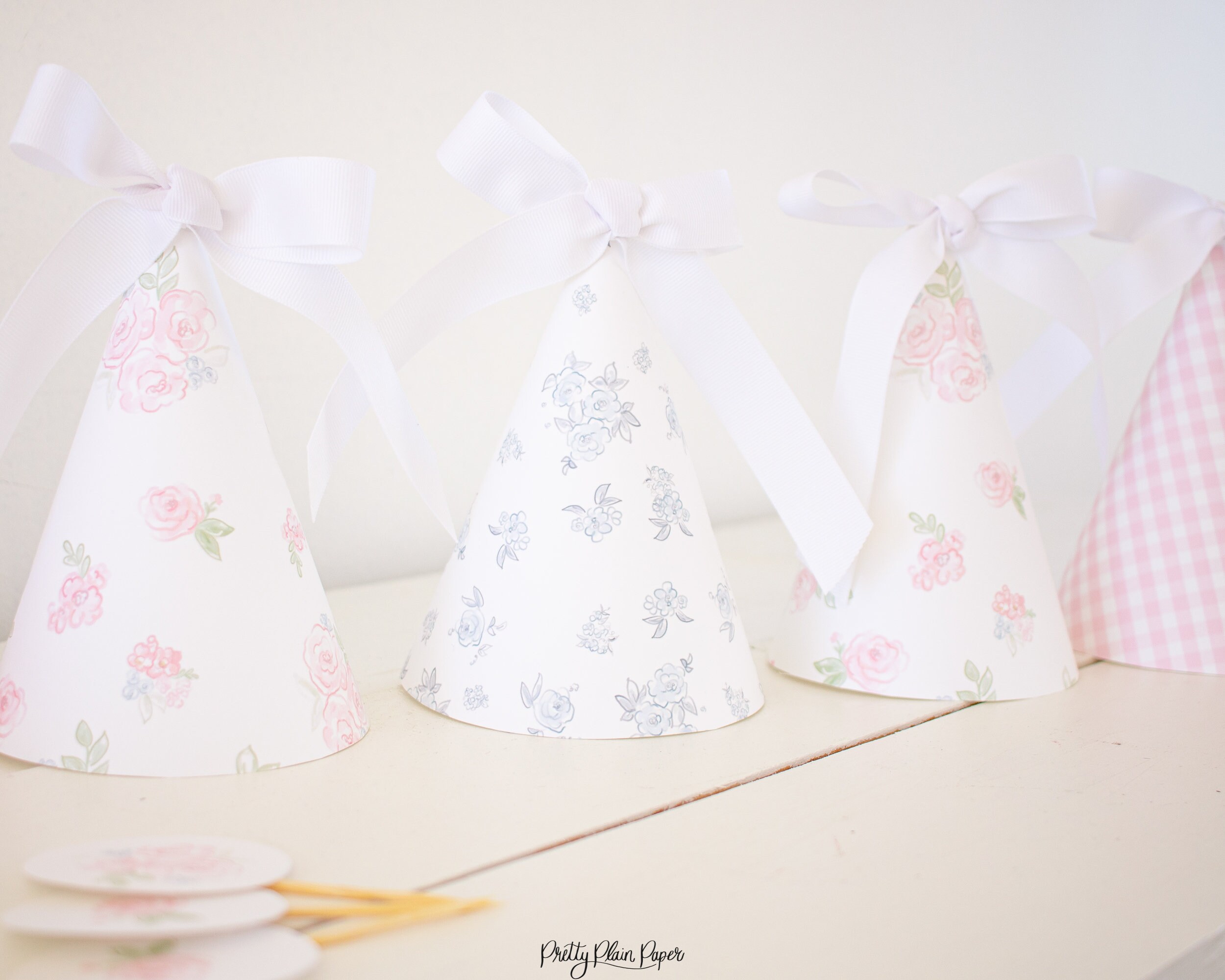 Pink Gingham Party Hat Printable Pink Floral Party Hat | Etsy