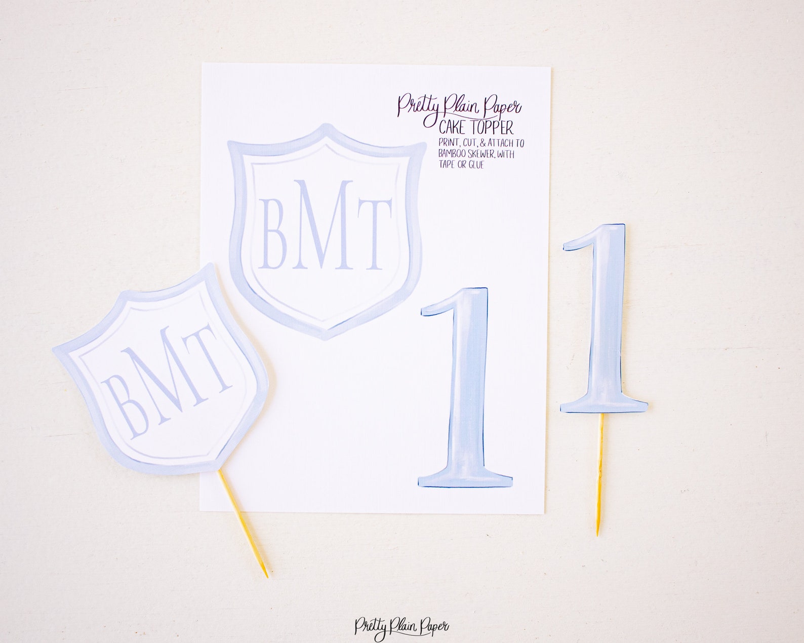 Watercolor Blue ONE Cake Topper & Monogram Blue Crest Cake Topper ...