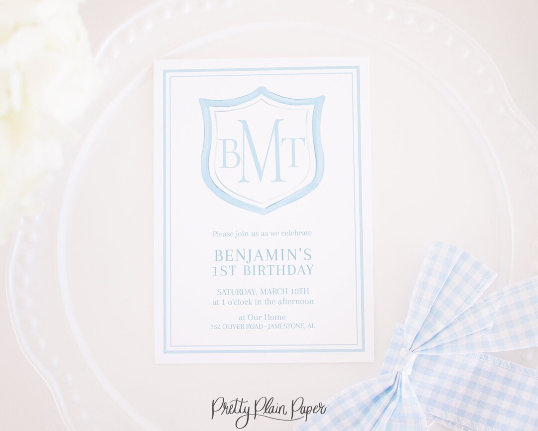 Watercolor Light Blue Monogram Crest Birthday Invitation | 5x7 ...