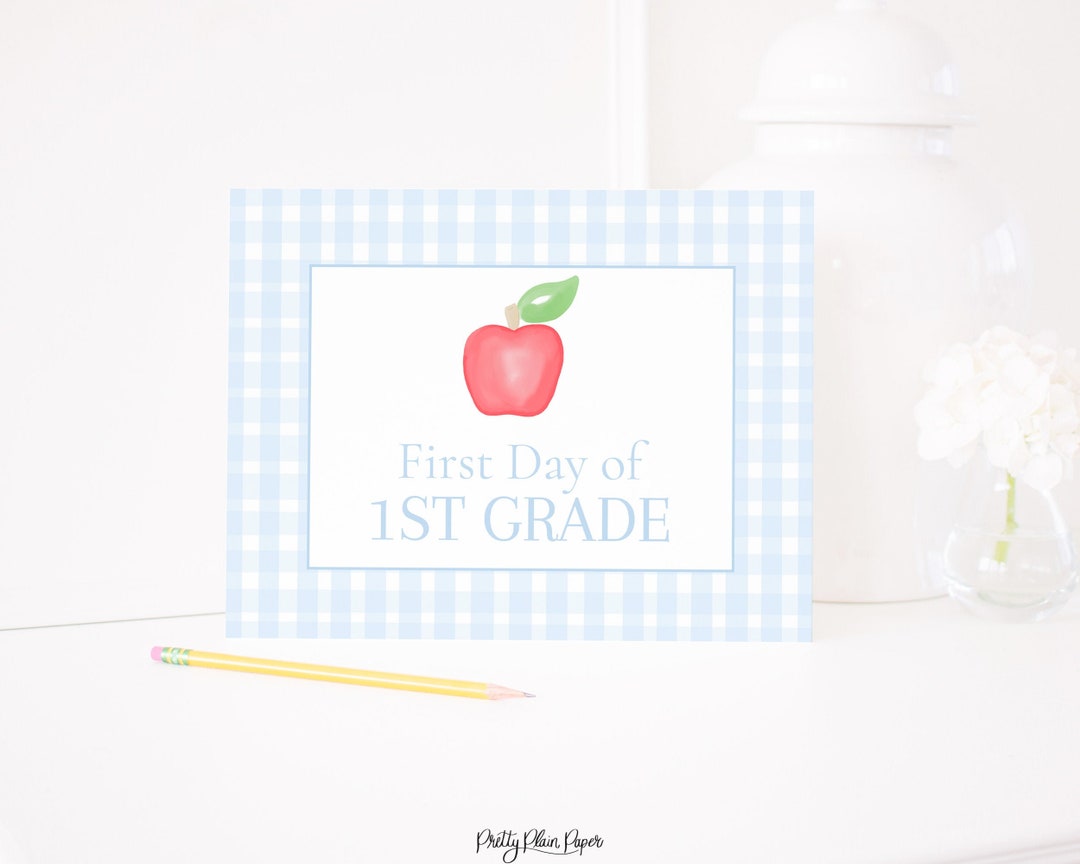 Blue Gingham First Day of School Sign | Watercolor First Day of School ...