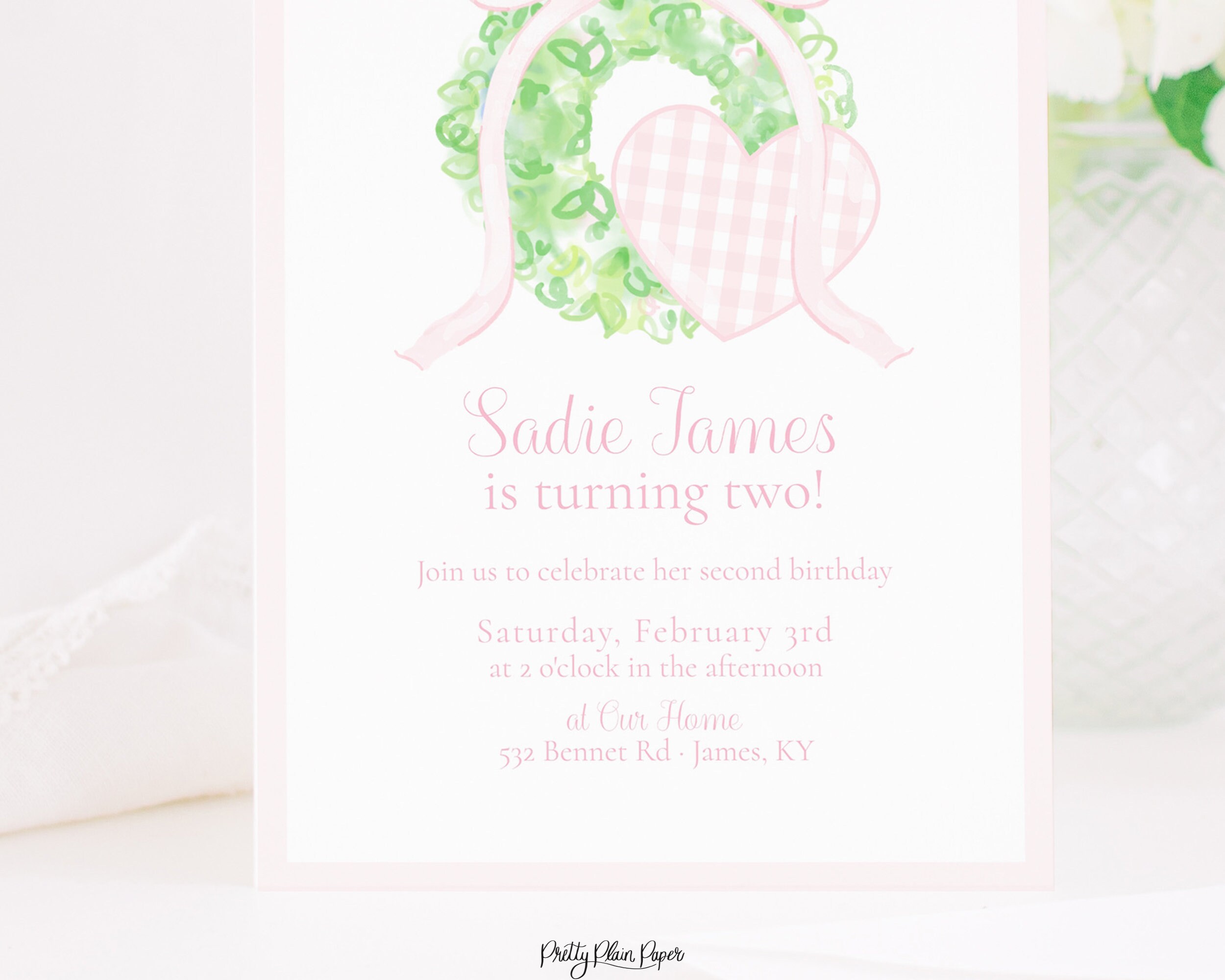 Watercolor Pink Gingham Heart Invitation With Wreath - Etsy