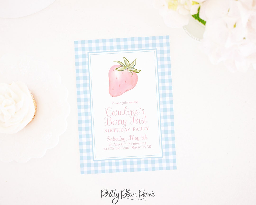 Watercolor Strawberry Invitation With Blue Gingham Border | 5x7 ...