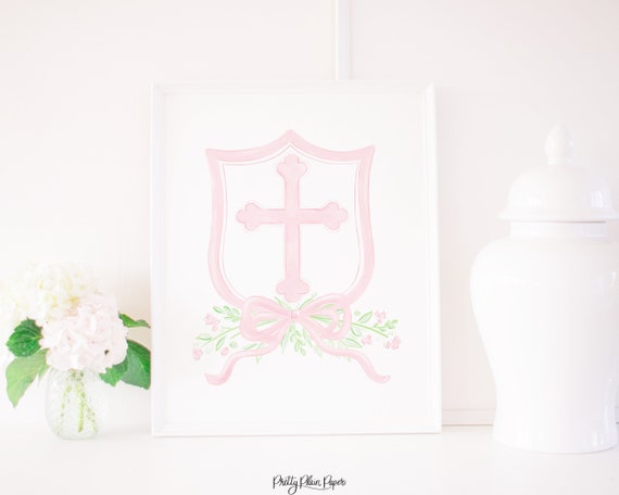 Watercolor Crest With Cross in Pink 8x10 or 16x20 Classic - Etsy