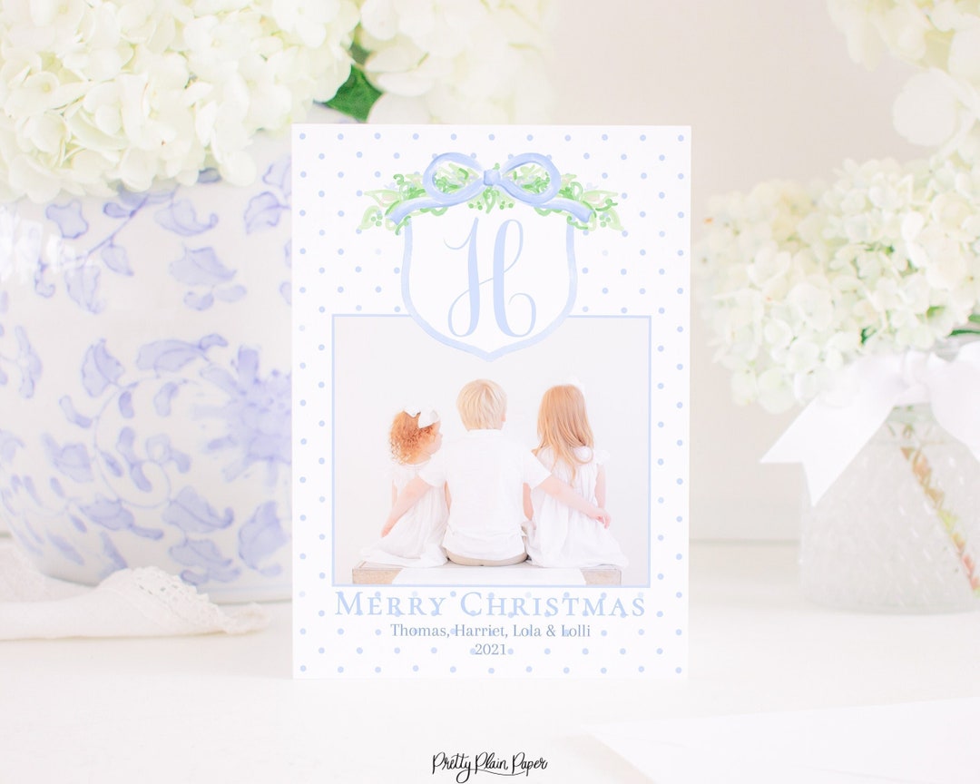 Watercolor Blue Bow & Monogram Crest Christmas Card With Photo, Digital ...