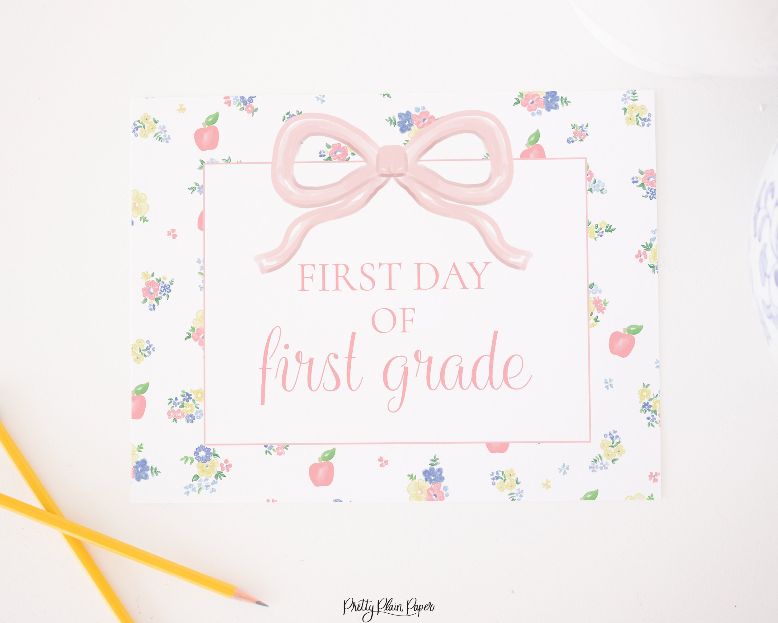 Floral & Pink Bow First Day of School Sign Watercolor First | Etsy