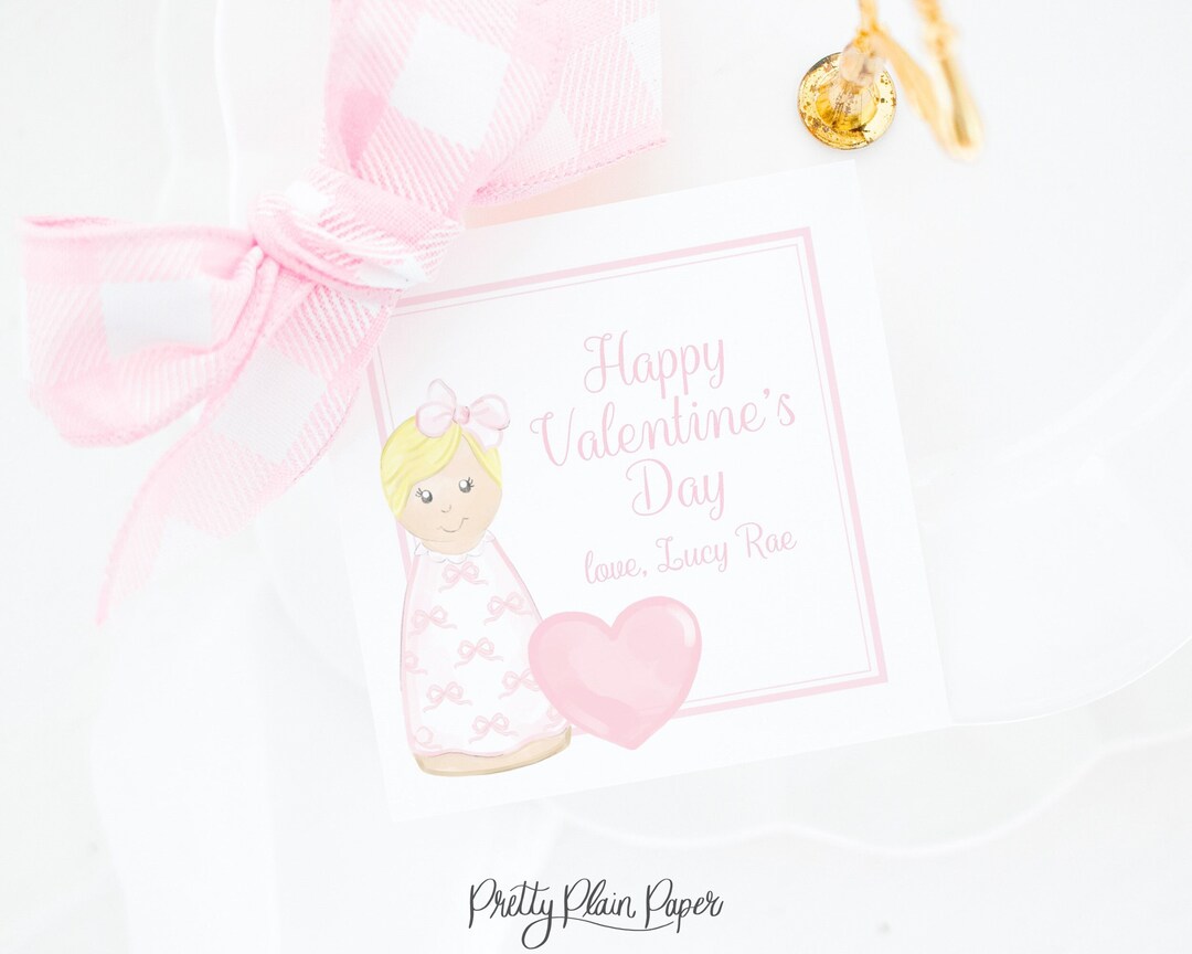 Valentine Tag | Blonde Peg Doll With Bow and Heart | 3.5x3.5 Printable ...