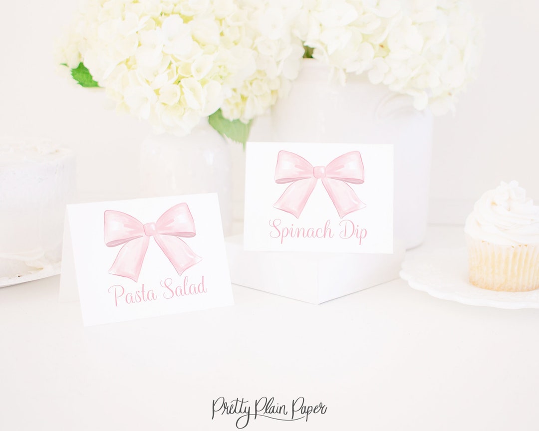 Watercolor Pink Bow Party Food & Beverage Labels or Place Cards | 3x4 ...