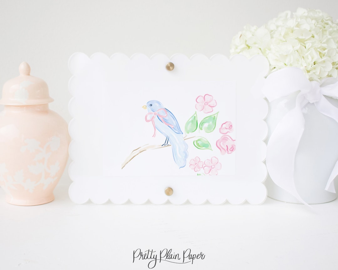 Watercolor Blue Bird With Pink Bow Print | 5x7 Download ...