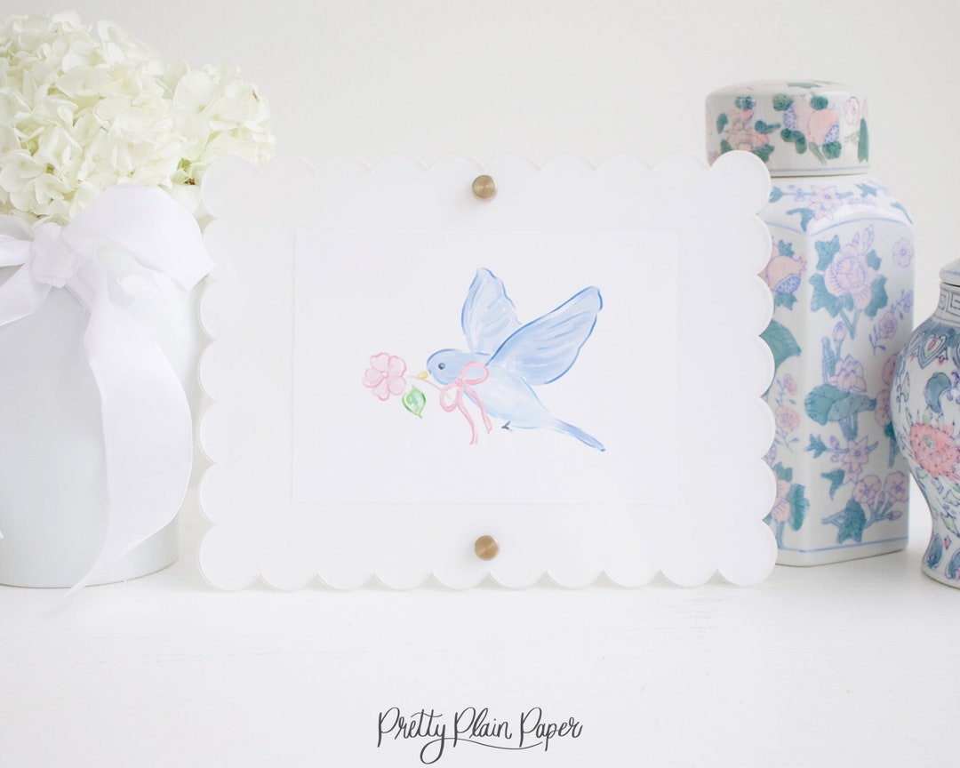 Watercolor Blue Bird With Pink Bow Print | 5x7 Download ...