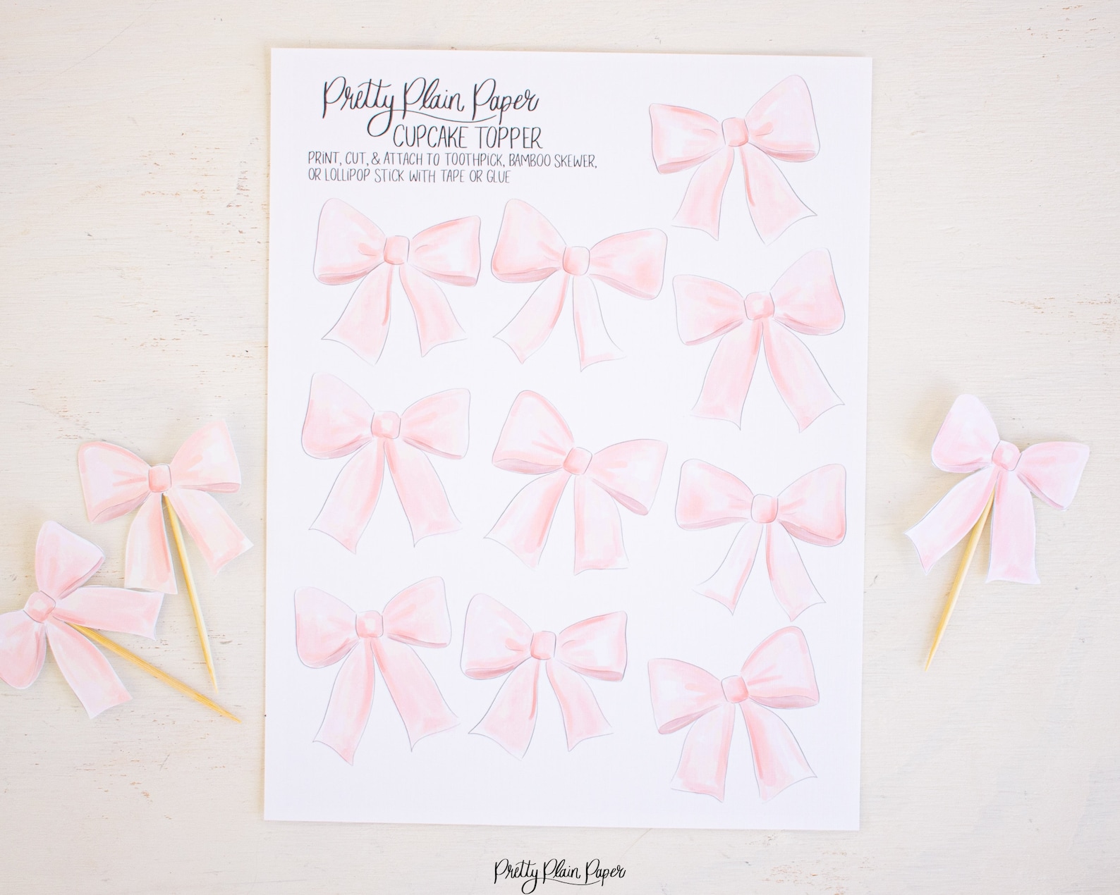 Watercolor Pink Bow Cupcake Toppers Printable Download - Etsy