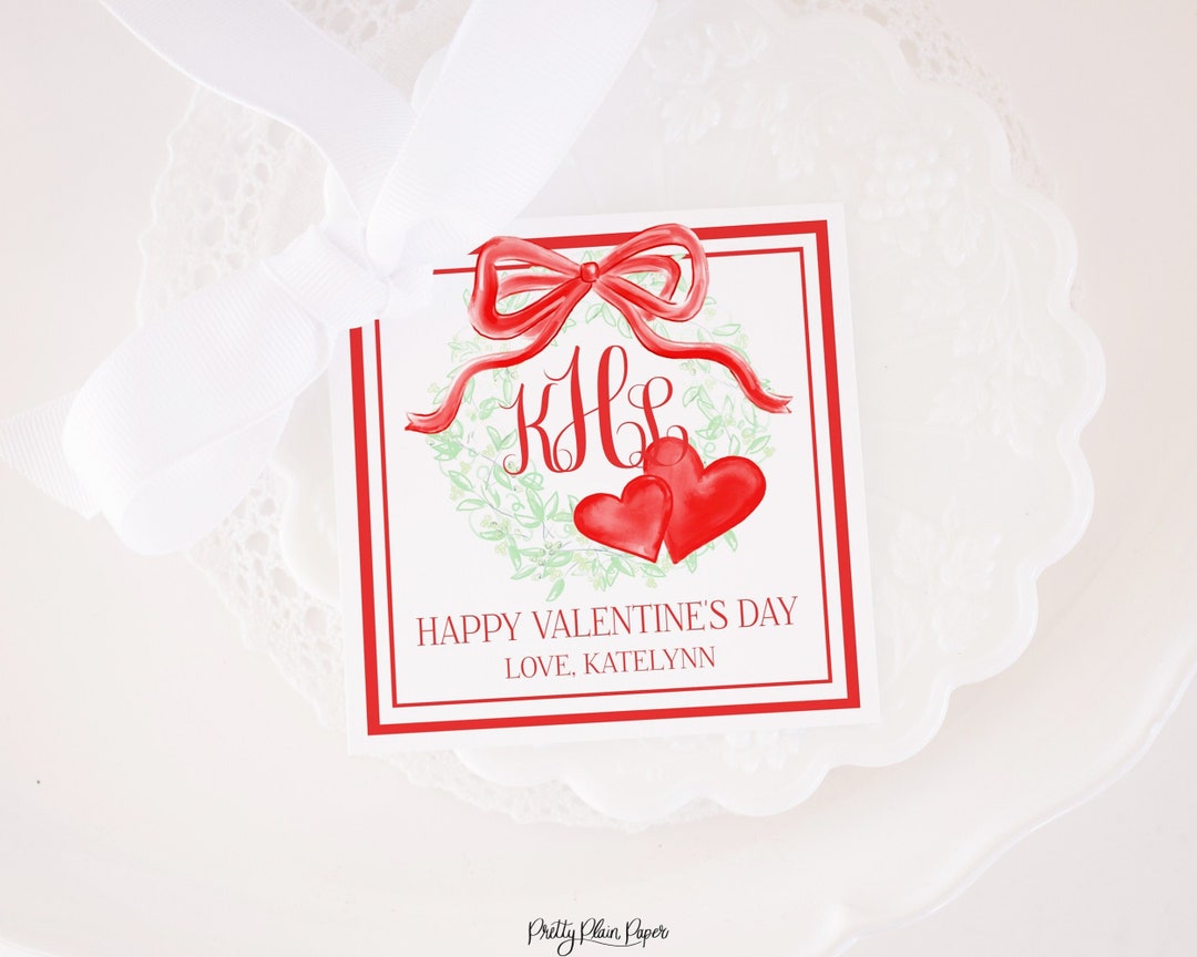 Red Bow Heart Wreath Monogram Valentine Tag | Watercolor Bow and Wreath ...