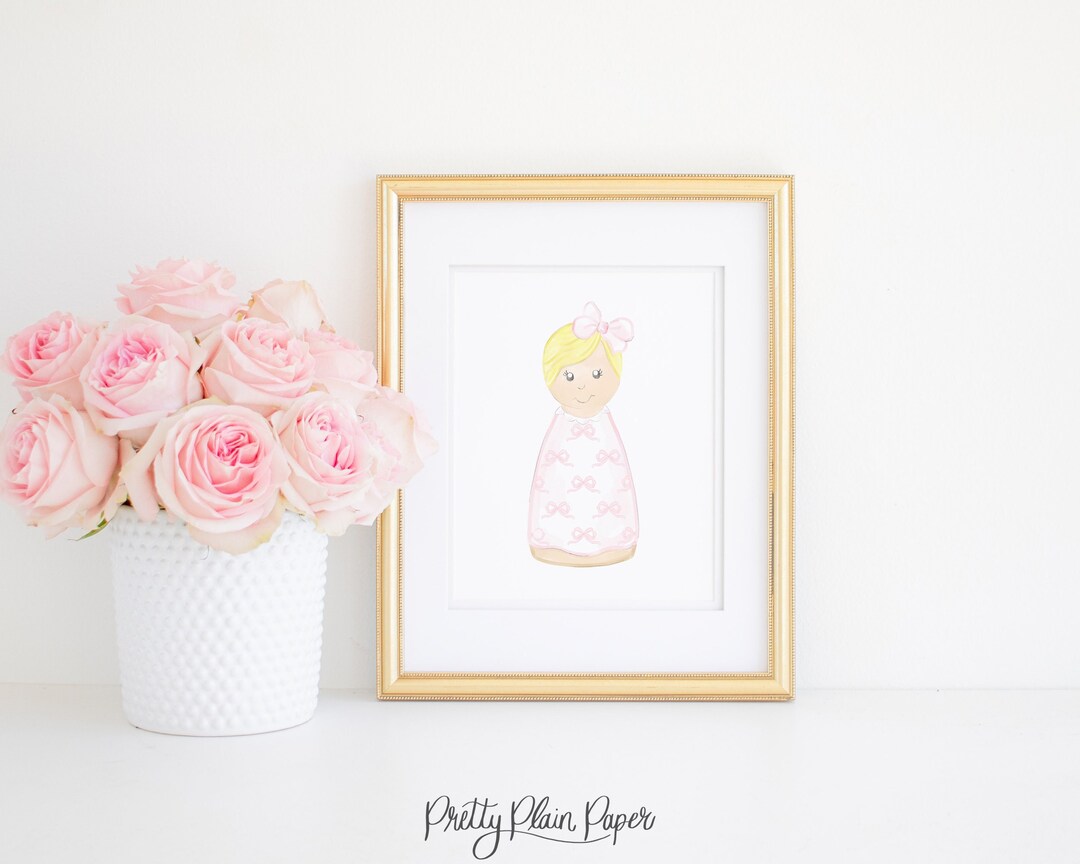 Single Watercolor Wood Peg Doll Print With Pink Bows | 8x10 or 16x20 ...