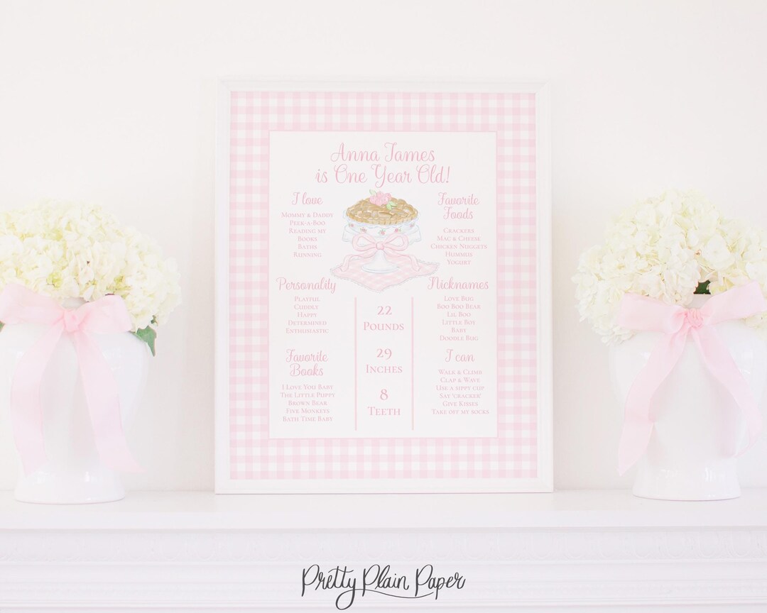 My First Birthday Sign | 16x20 Printable | Sweet as Pie | Pink Gingham ...
