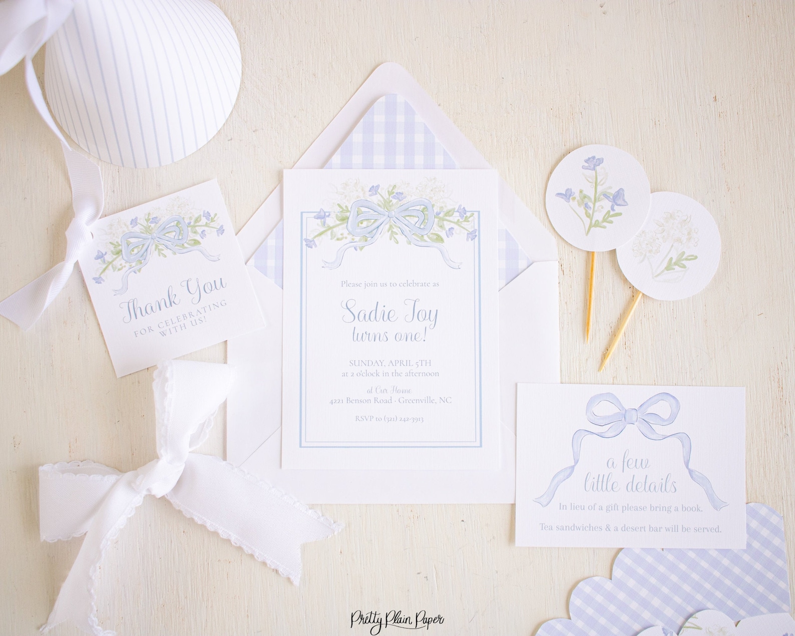 Watercolor Blue Floral & Bow Birthday Invitation Blue Floral - Etsy